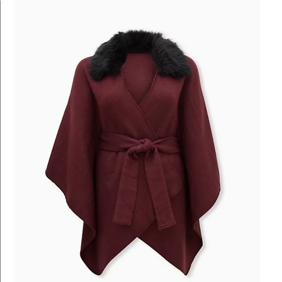 torrid | Jackets & Coats | Burgundy Faux Fur Collar Self Tie Ruana ...